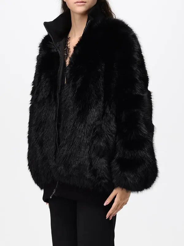 CANADIAN Short High Neck Faux Fur Jacket With Zip And Elasticated Cuffs - Black