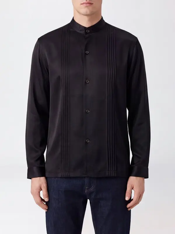 Commas Slim Fit Silk Shirt With Korean Collar And Embroidery
