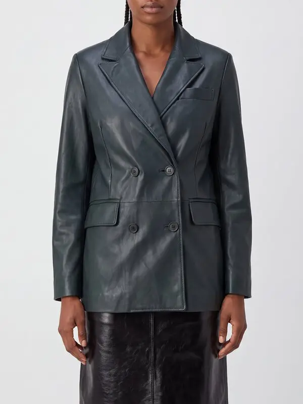 SALVATORE SANTORO Double-breasted Leather Blazer With Peak Lapels