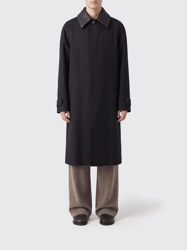 Bottega Veneta Knee-length Single-breasted Coat In Wool And Silk With Leather Collar - Black
