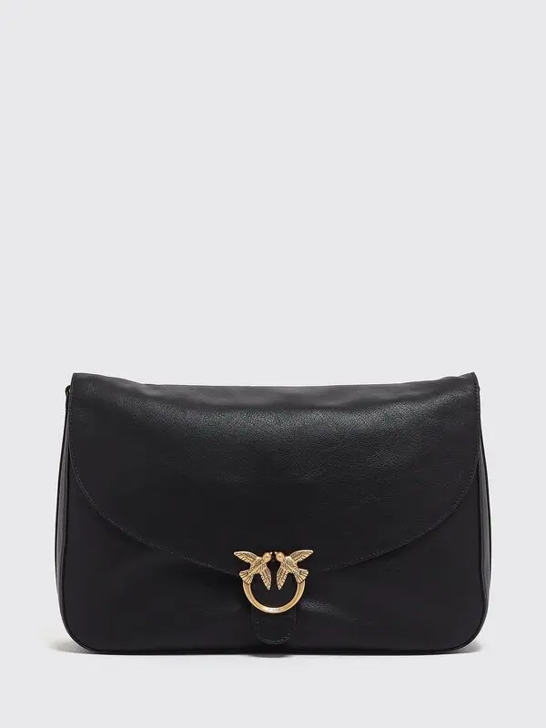Pinko Smooth Leather Crossbody Bag With Love Birds Metal Logo - Black