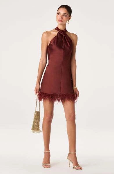 Astr The Label Triniti Feather Trim Halter Mini Dress