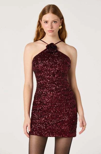 Astr The Label Afloria Rosette Sequin Halter Mini Dress