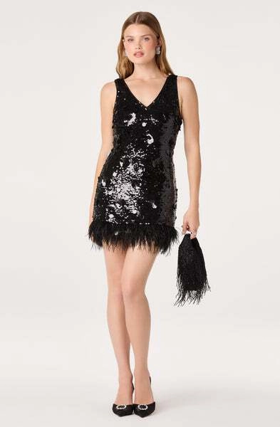 Astr The Label Machelle Sequin Feather Trim Mini Dress
