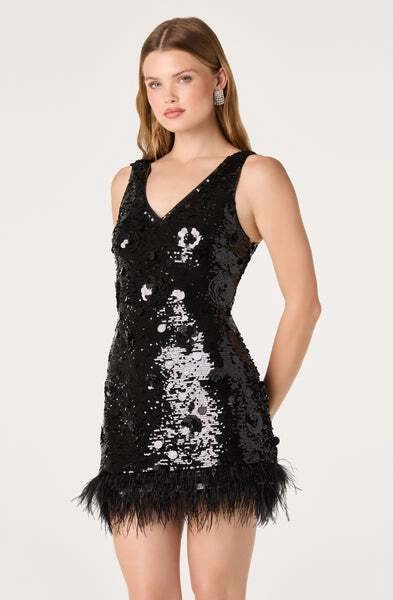 Astr The Label Machelle Sequin Feather Trim Mini Dress