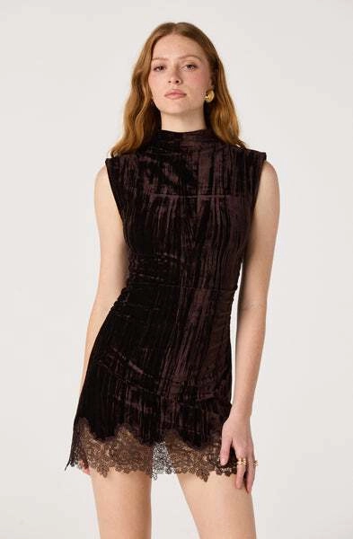 Astr The Label Nazari Velvet Lace Hem Mini Dress - Brown