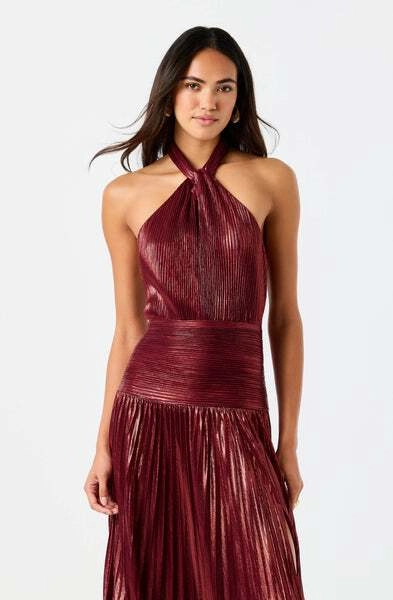 Astr The Label Tlialli Metallic Plissé Halter Maxi Dress