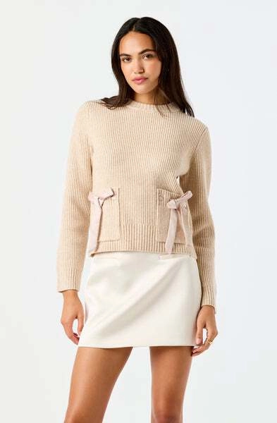 Astr The Label Cayleigh Rib Knit Satin Bow Pocket Sweater - Natural