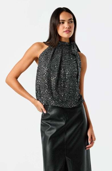 Astr The Label Tiffany Sequin Neck Tie Halter Top - Black