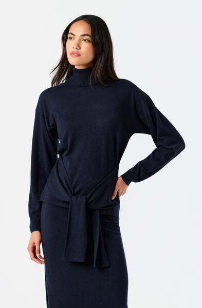 Astr The Label Brenleigh Turtleneck Waist Wrap Sweater - Navy