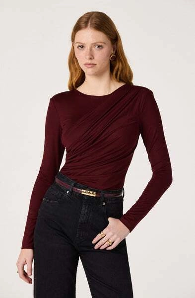 Astr The Label Ciarda Ruched Faux Wrap Bodysuit - Wine