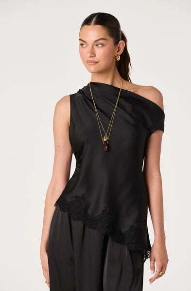 Astr The Label Thelma Asymmetric Lace Hem Satin Top - Black