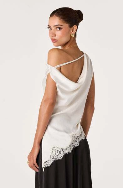 Astr The Label Thelma Asymmetric Lace Hem Satin Top - Cream