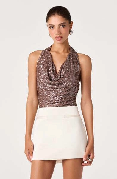 Astr The Label Christelle Sequin Cowl Neck Halter Top - Graphite