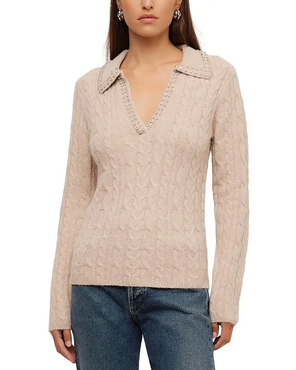 Fifteen Twenty Estelle Embellished V Neck Cable Knit Sweater