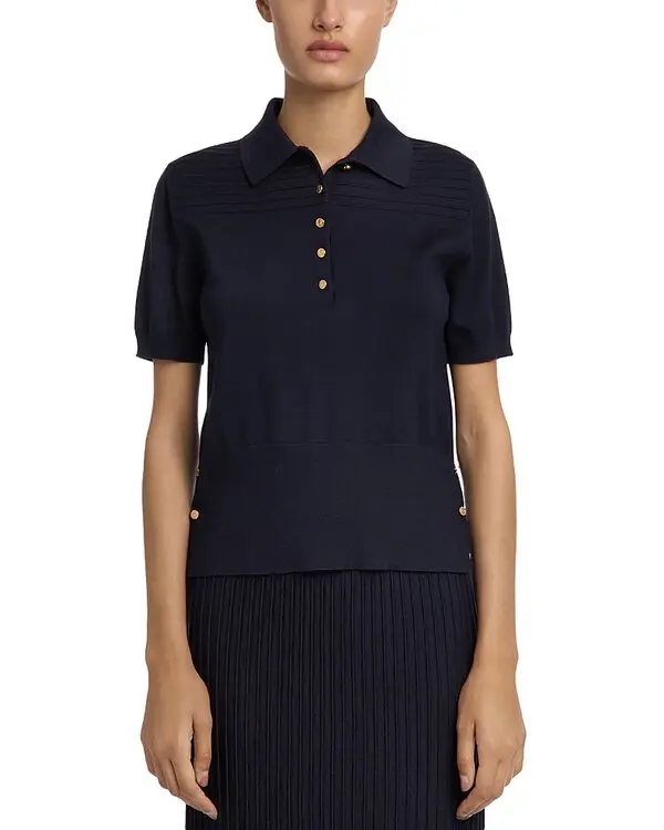 Thom Browne Wool & Silk Gold Button Polo - Navy