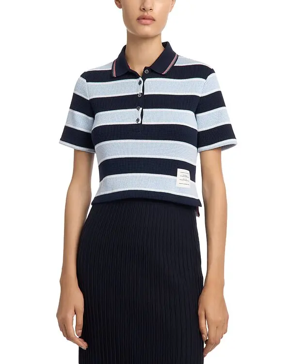 Thom Browne Striped Cotton Cropped Polo - Light Blue/navy