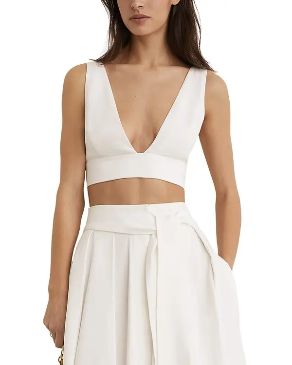 REISS Simone Cotton Cropped Tie Back Top - Ivory