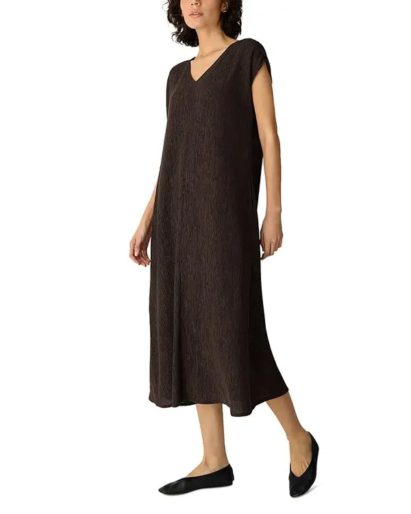 Eileen Fisher Crinkled V Neck Midi Dress - Black