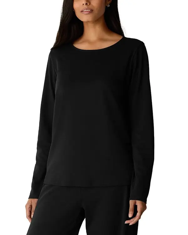 Eileen Fisher Cotton Round Neck Long Sleeve Top - Black