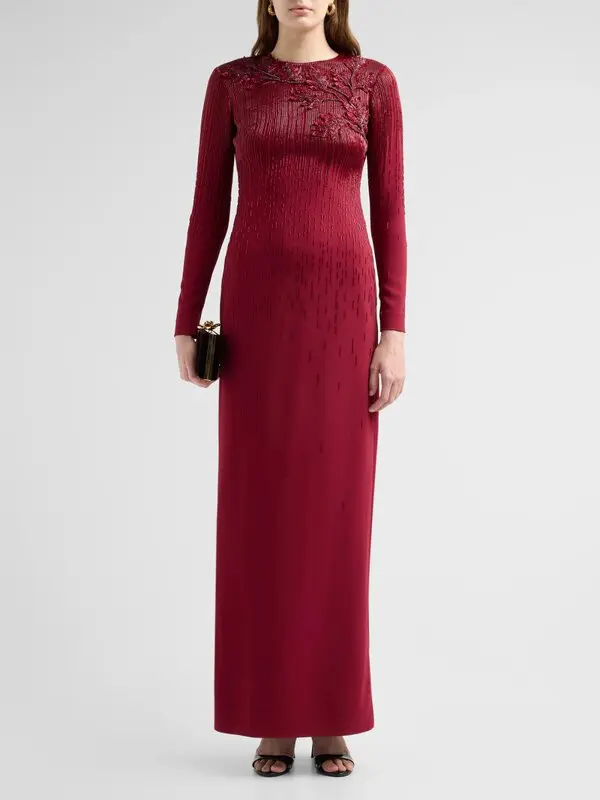 Oscar De La Renta Intarsia Leaves Column Gown