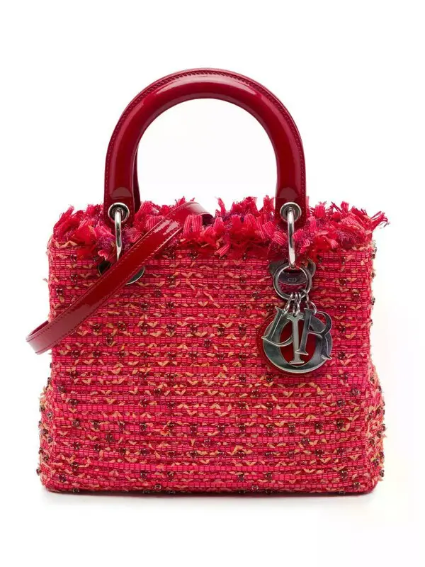 Dior 2012 Medium Tweed Fringe Rhinestone Lady Satchel - Red