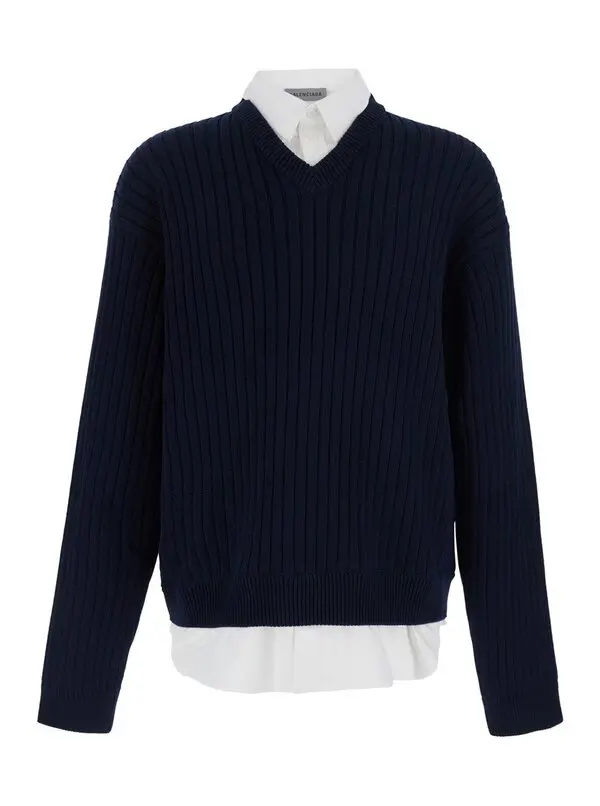 Balenciaga Blue Sweater With Multi-layer Design In Cotton - Multicolor