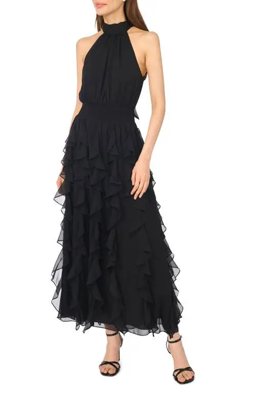 CECE DUPRAZ Halter Ruffled Smocked Waist Maxi Dress - Rich Black