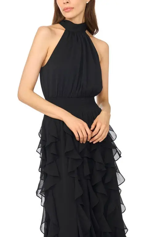 CECE DUPRAZ Halter Ruffled Smocked Waist Maxi Dress