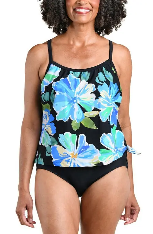 MAXINE OF HOLLYWOOD Belize Breeze Full Coverage Faux Tankini One Piece Swimsuit - Black Multi