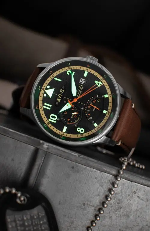 AVI-8 Hawker Hurricane Mckellar Dual Time Leather Strap Watch - Black