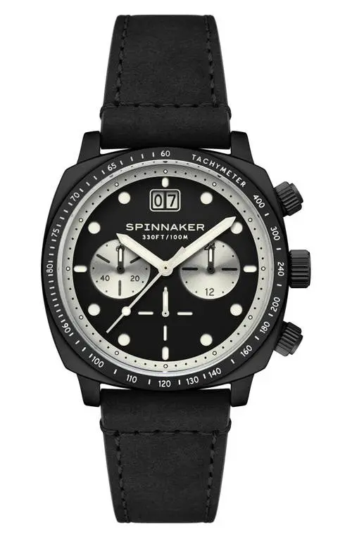 SPINNAKER Hull Chronograph Japanese Quartz Leather Strap Watch - Black