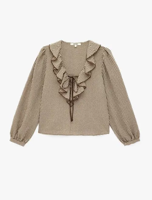 Koton Long Sleeve Ruffle V Neck Gingham Blouse