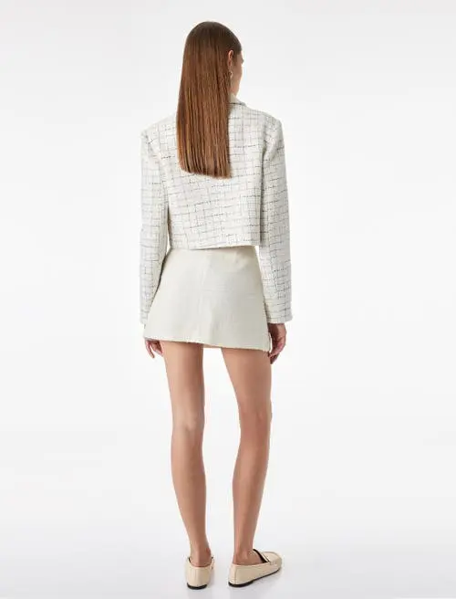 Koton Wool Blend Checked Cropped Tweed Jacket With Pearl-effect Buttons
