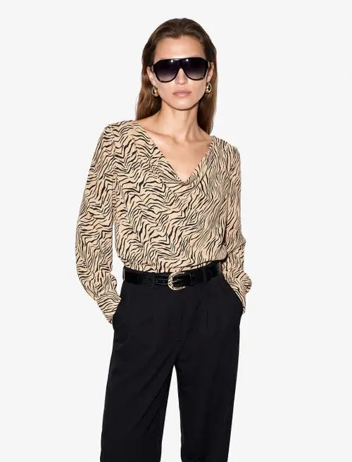 Koton Viscose Drape Neck Long Sleeve Zebra Print Satin Blouse
