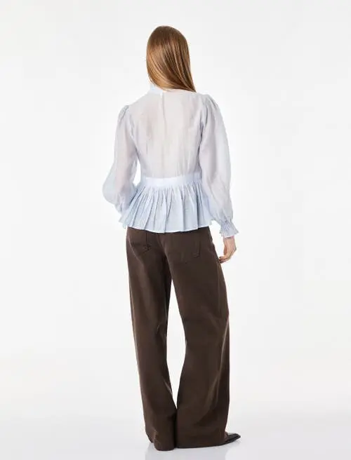 Koton Gathered Cuffs Long Sleeve Ruffle Scarf Neck Peplum Blouse
