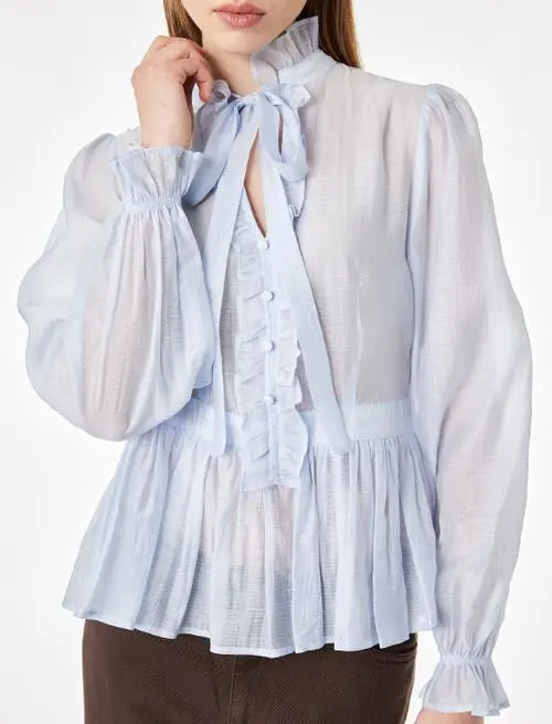 Koton Gathered Cuffs Long Sleeve Ruffle Scarf Neck Peplum Blouse