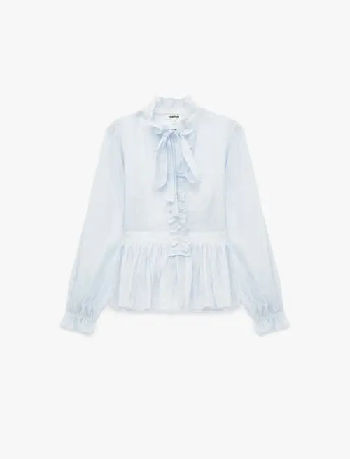 Koton Gathered Cuffs Long Sleeve Ruffle Scarf Neck Peplum Blouse