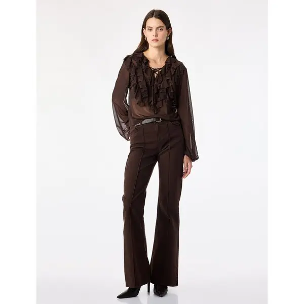 Koton Long Sleeve V-neck Semi-sheer Tulle Ruffle Blouse - Brown