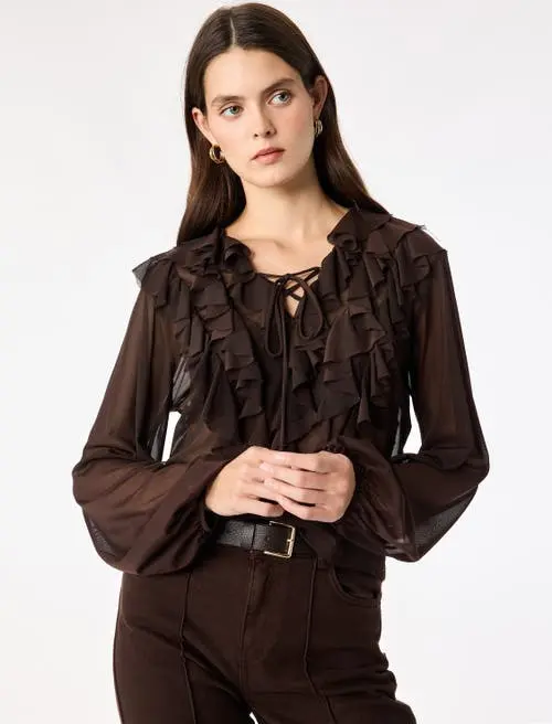 Koton Long Sleeve V-neck Semi-sheer Tulle Ruffle Blouse
