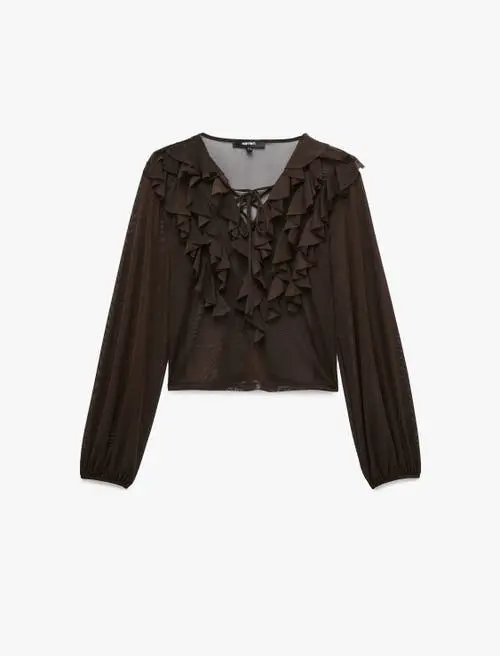 Koton Long Sleeve V-neck Semi-sheer Tulle Ruffle Blouse