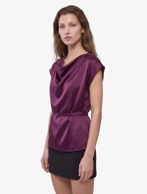 Koton Short Sleeve Cowl Neck Belted Satin Blouse