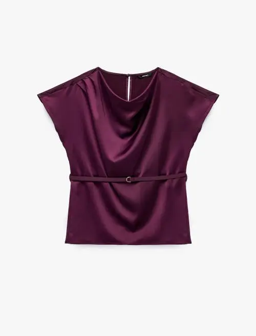 Koton Short Sleeve Cowl Neck Belted Satin Blouse