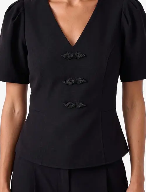 Koton Slim Fit V Neck Short Puff Sleeve Peplum Blouse With Frog Closure