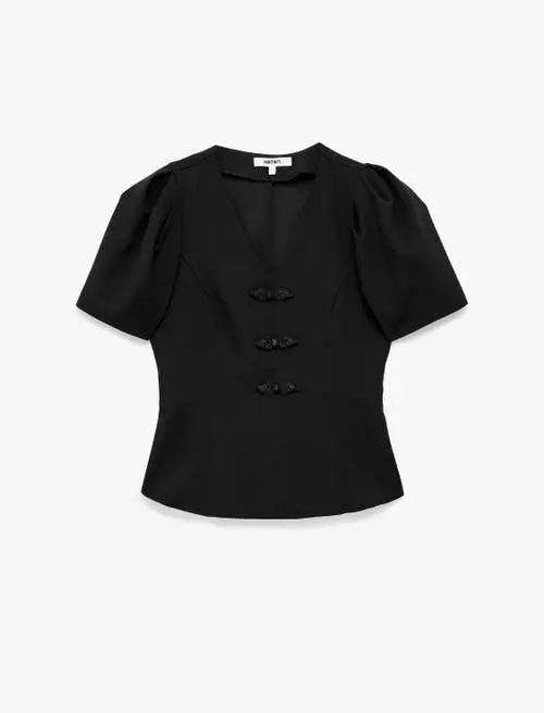 Koton Slim Fit V Neck Short Puff Sleeve Peplum Blouse With Frog Closure