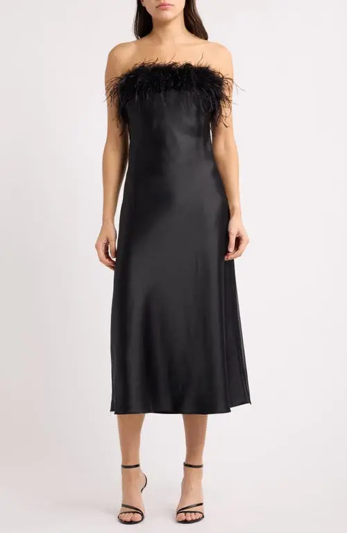 LUCY PARIS Flora Feather Strapless Midi Dress