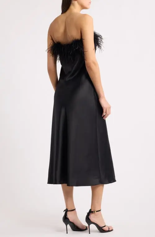 LUCY PARIS Flora Feather Strapless Midi Dress