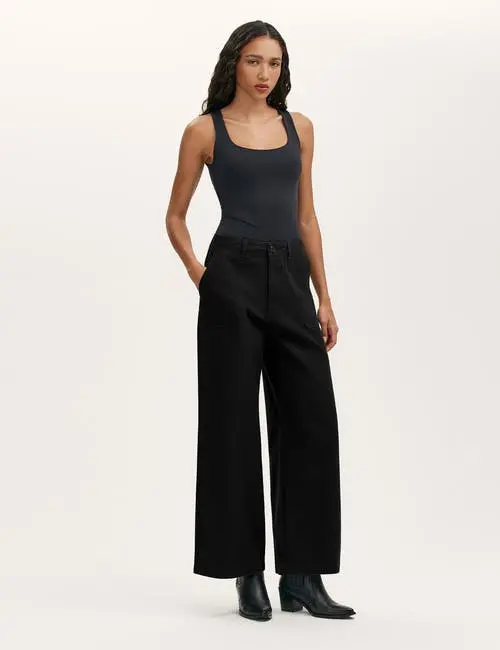 FINERY LONDON Olive Regular Cotton Canvas Wide Trouser - Black
