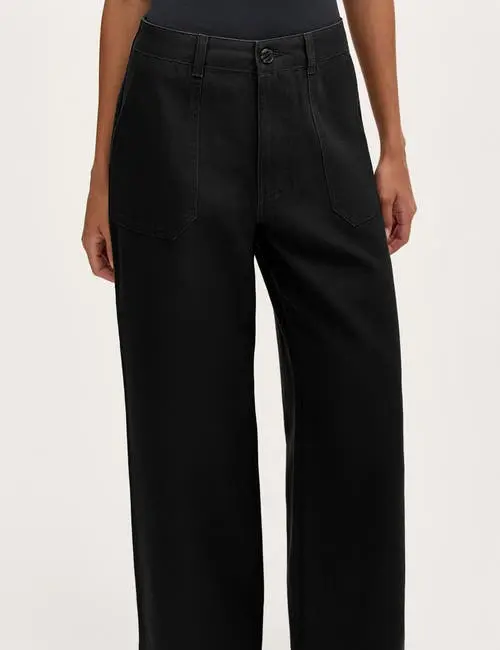 FINERY LONDON Olive Regular Cotton Canvas Wide Trouser - Black