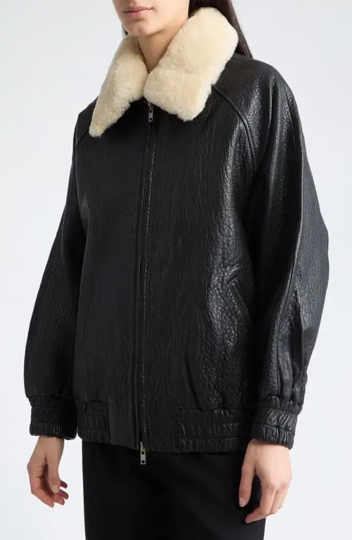 STAND STUDIO Tobie Leather Bomber Jacket With Genuine Shearling Collar